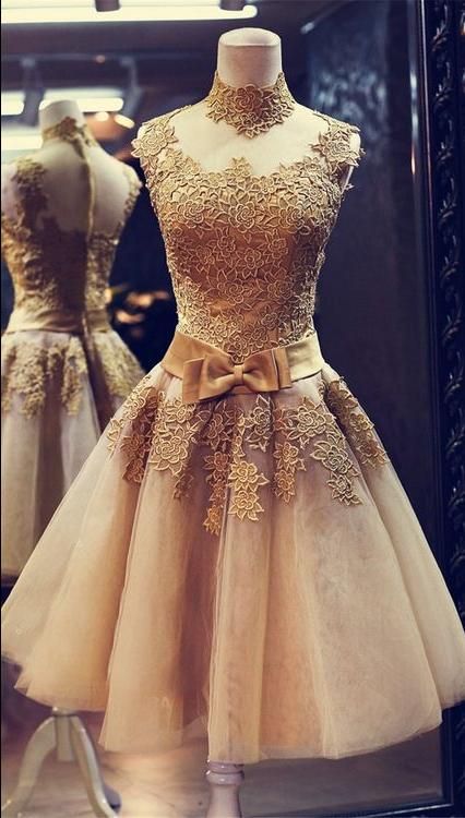 Gold Lace Prom Dress, Short Prom Dress,high Neck Prom Dress Applique ...